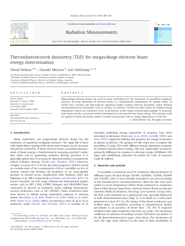 (PDF) Thermoluminescent dosimetry (TLD) for megavoltage electron beam ...
