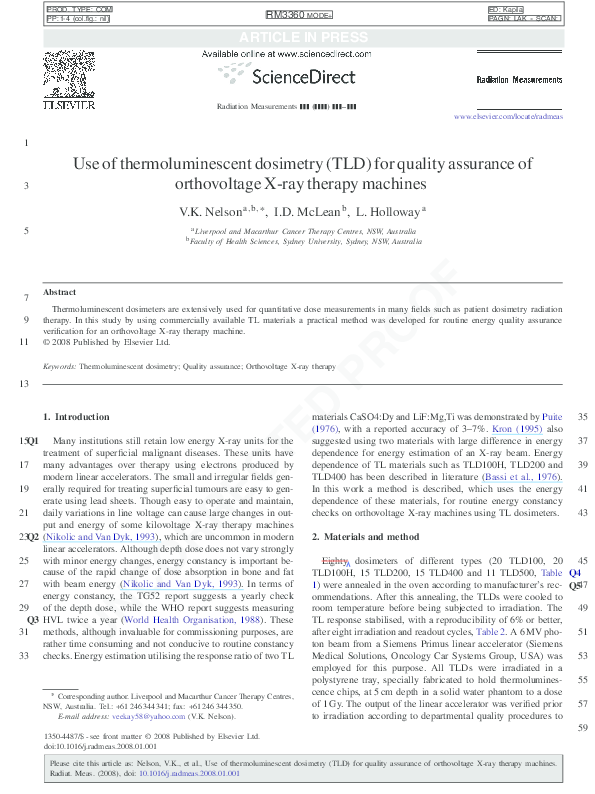 (PDF) Use of thermoluminescent dosimetry (TLD) for quality assurance of ...