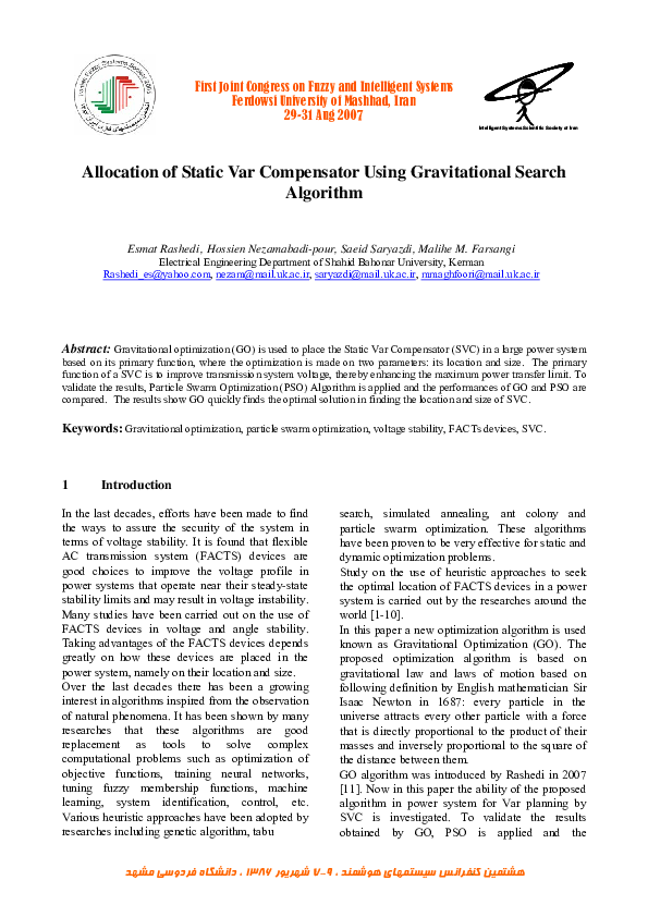Pdf Allocation Of Static Var Compensator Using Gravitational Search Algorithm 5625