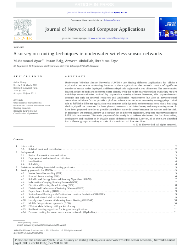 (PDF) A survey on routing techniques in underwater wireless sensor networks