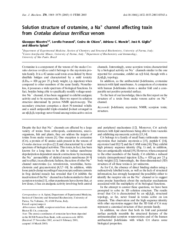 (PDF) Solution structure of crotamine, a Na+ channel affecting toxin ...