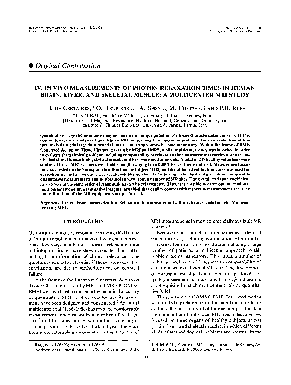 (PDF) IV. In vivo measurements of proton relaxation times in human ...
