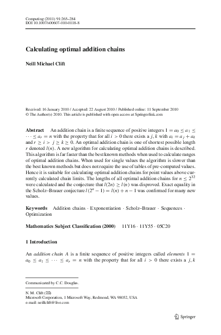 (PDF) Calculating optimal addition chains