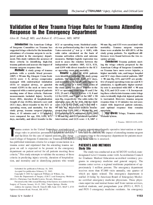 (PDF) Validation of New Trauma Triage Rules for Trauma Attending ...