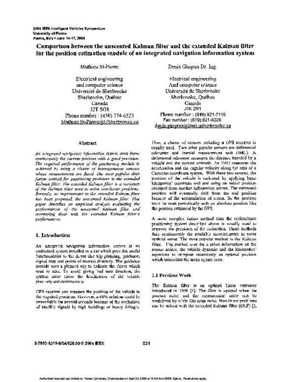 (PDF) Comparison between the unscented Kalman filter and the extended Kalman filter for the ...