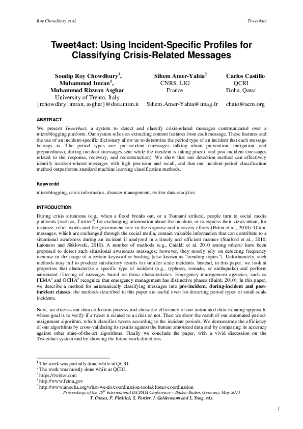 (PDF) Tweet4act: Using Incident-Specific Profiles for Classifying Crisis-Related Messages