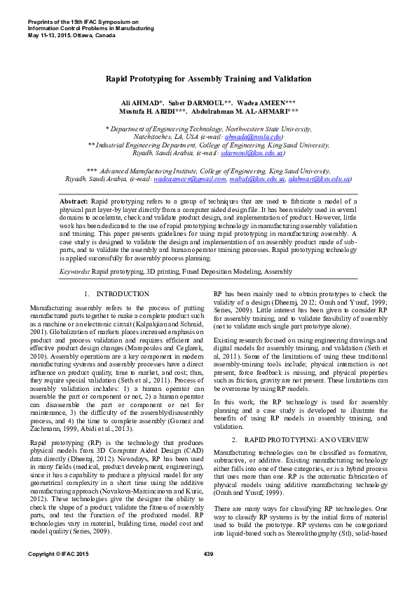 (PDF) Rapid Prototyping for Assembly Training and Validation