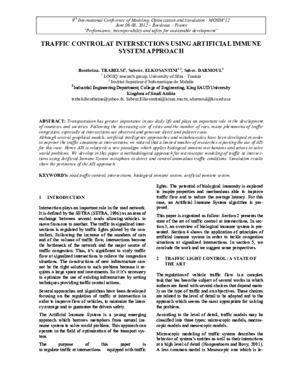 Pdf Traffic Control At Intersections Using Artificial Immune System Approach Saber Darmoul 