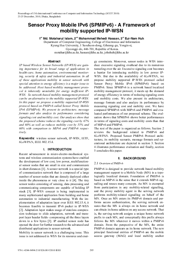 (PDF) Sensor Proxy Mobile IPv6 (SPMIPv6) - A framework of mobility supported IP-WSN