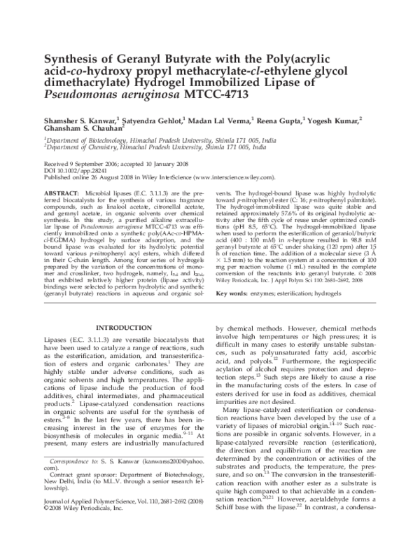(PDF) Synthesis of geranyl butyrate with the poly(acrylic acid- co ...