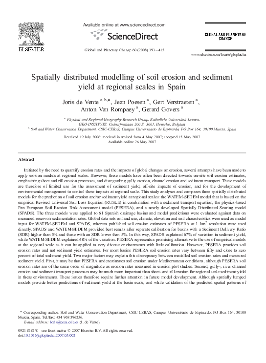 (PDF) Spatially distributed modelling of soil erosion and sediment yield at regional scales in Spain