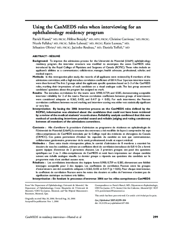 (PDF) Using the CanMEDS roles when interviewing for an ophthalmology ...