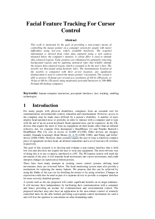(PDF) Facial feature tracking for cursor control