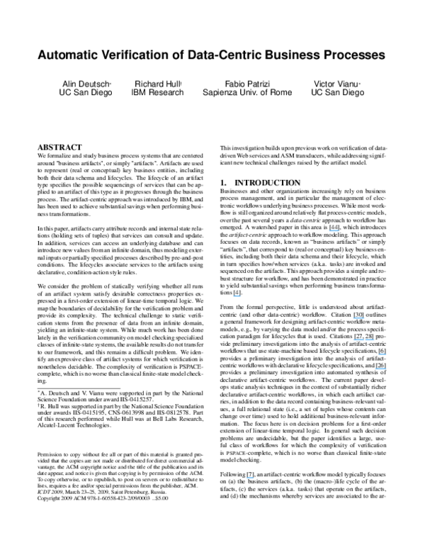 (PDF) Automatic verification of data-centric business processes