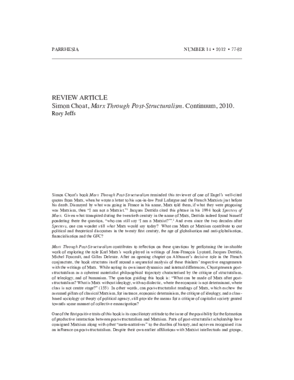 (PDF) Simon Choat, Marx through Post-Structuralism (2010)