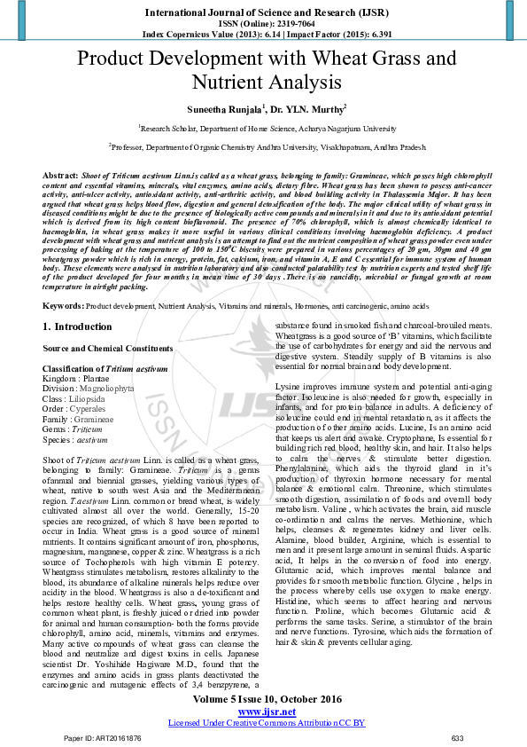 (PDF) Product Development with Wheat Grass and Nutrient Analysis
