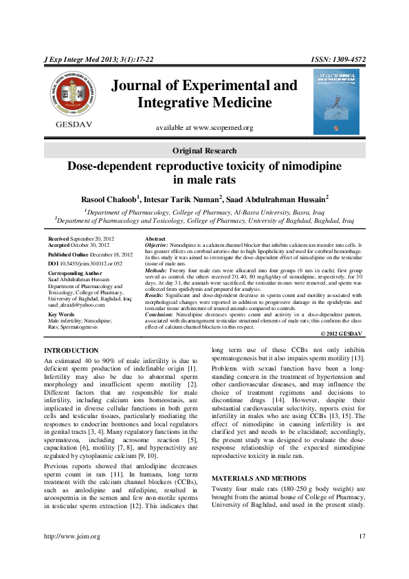 (PDF) Dose-dependent reproductive toxicity of nimodipine in male rats