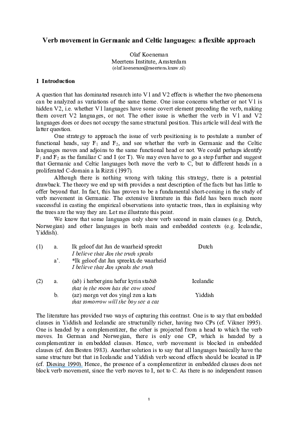 (PDF) Koeneman, Olaf (2010) "Verb movement in Germanic and Celtic ...