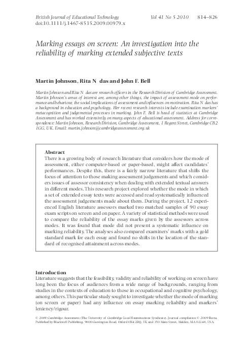 (PDF) Marking essays on screen: An investigation into the reliability of marking extended ...