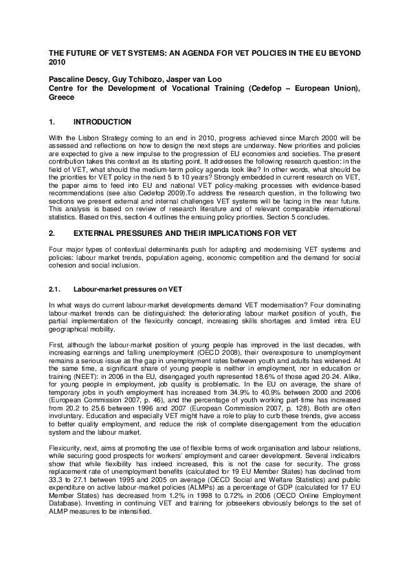 (PDF) THE FUTURE OF VET SYSTEMS: AN AGENDA FOR VET POLICIES IN THE EU ...