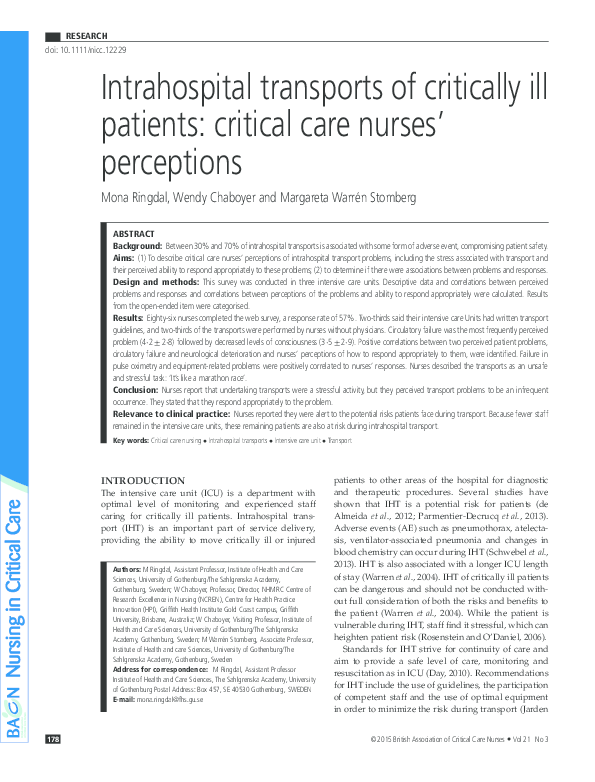 (PDF) Intrahospital transports of critically ill patients: critical care nurses' perceptions