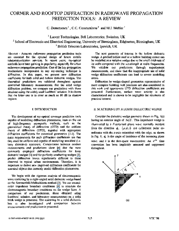 Pdf Corner And Rooftop Diffraction In Radiowave Propagation Prediction Tools A Review
