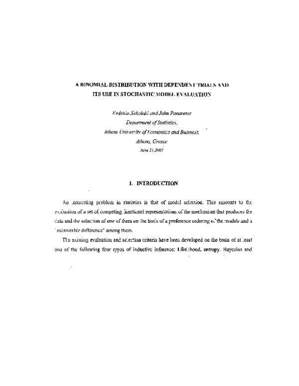 Pdf A Binomial Distribution With Dependent Trials And Its Use In Stochastic Model Evaluation