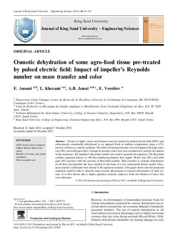 (PDF) Osmotic dehydration of some agro-food tissue pre-treated by pulsed electric field: Impact ...