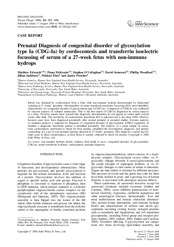(PDF) Prenatal Diagnosis of congenital disorder of glycosylation type ...