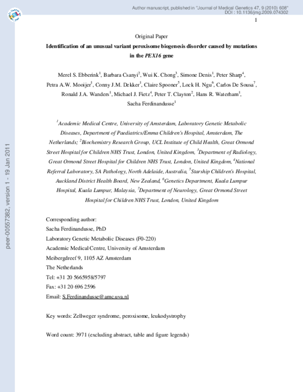 (PDF) Identification of an unusual variant peroxisome biogenesis ...