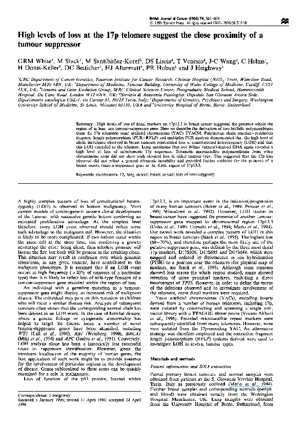 (PDF) High levels of loss at the 17p telomere suggest the close ...