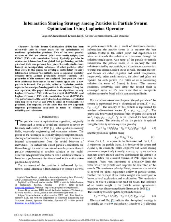 (PDF) Information sharing strategy among particles in Particle Swarm Optimization using ...