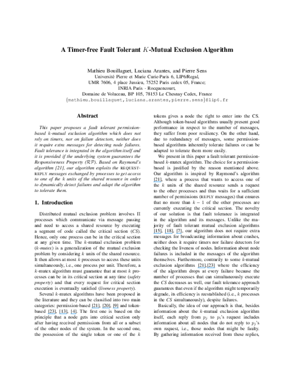 Pdf A Timer Free Fault Tolerant K Mutual Exclusion Algorithm