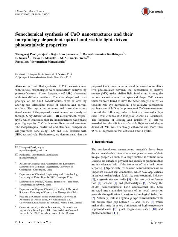 (PDF) Sonochemical synthesis of CuO nanostructures and their morphology ... (PDF) Sonochemical synthesis of CuO nanostructures and their morphology ...