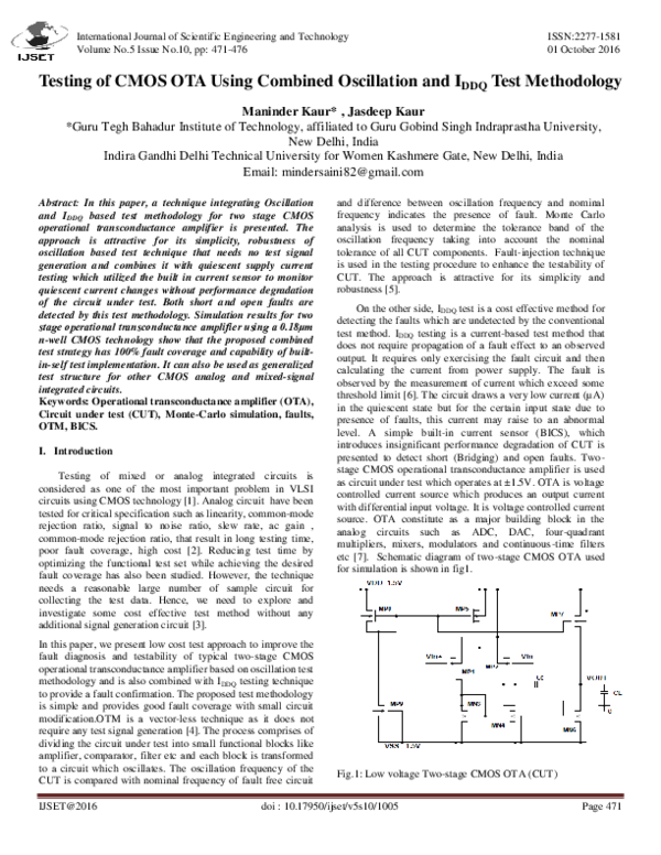 Pdf Testing Of Cmos Ota Using Combined Oscillation And I Ddq Test