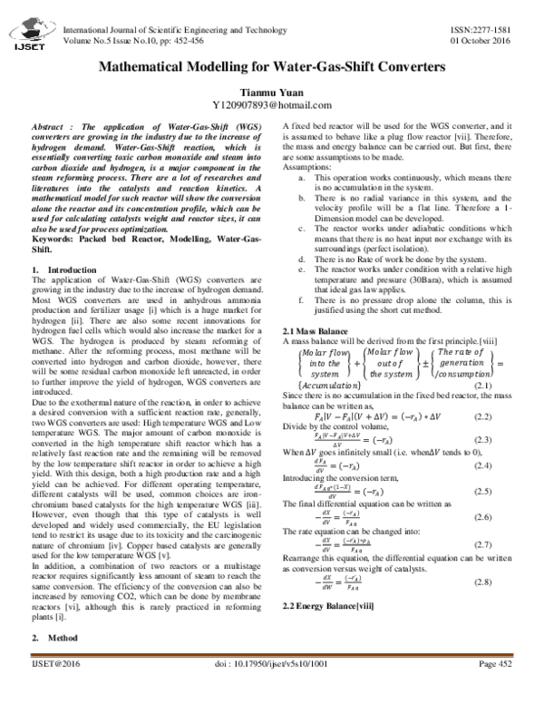 (PDF) Mathematical Modelling for Water-Gas-Shift Converters