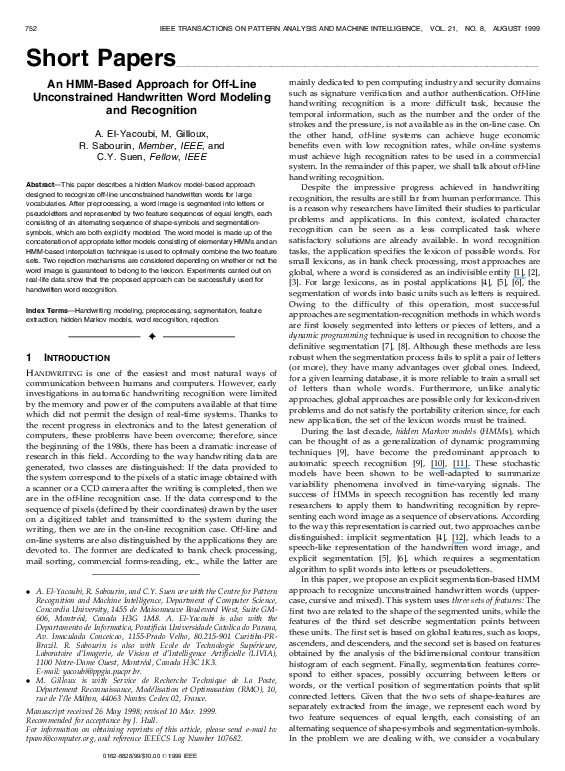 Pdf An Hmm Based Approach For Off Line Unconstrained Handwritten Word Modeling And Recognition