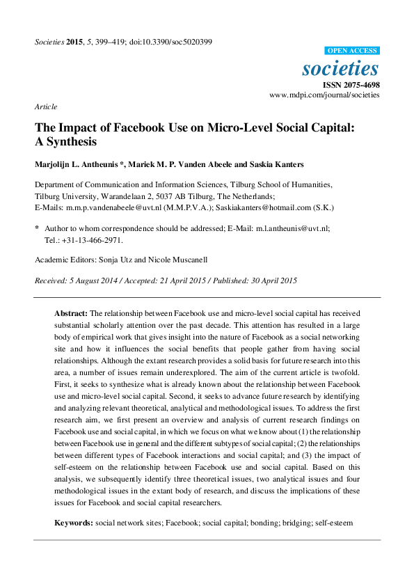 (PDF) The Impact of Facebook Use on Micro-Level Social Capital: A Synthesis