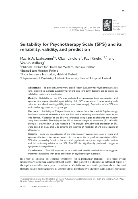 (PDF) Suitability for Psychotherapy Scale (SPS) and its reliability, validity, and prediction
