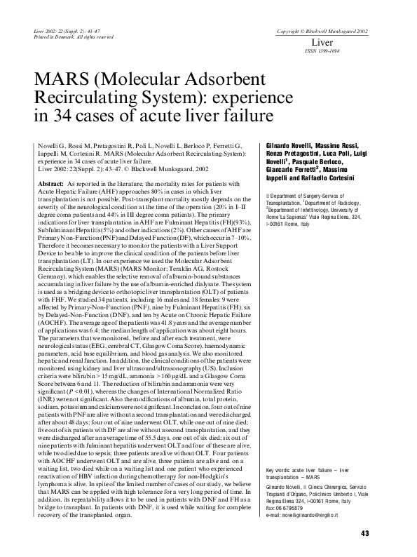 (PDF) MARS (Molecular Adsorbent Recirculating System): experience in 34 ...