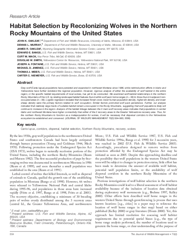 (PDF) Habitat Selection by Recolonizing Wolves in the Northern Rocky ...