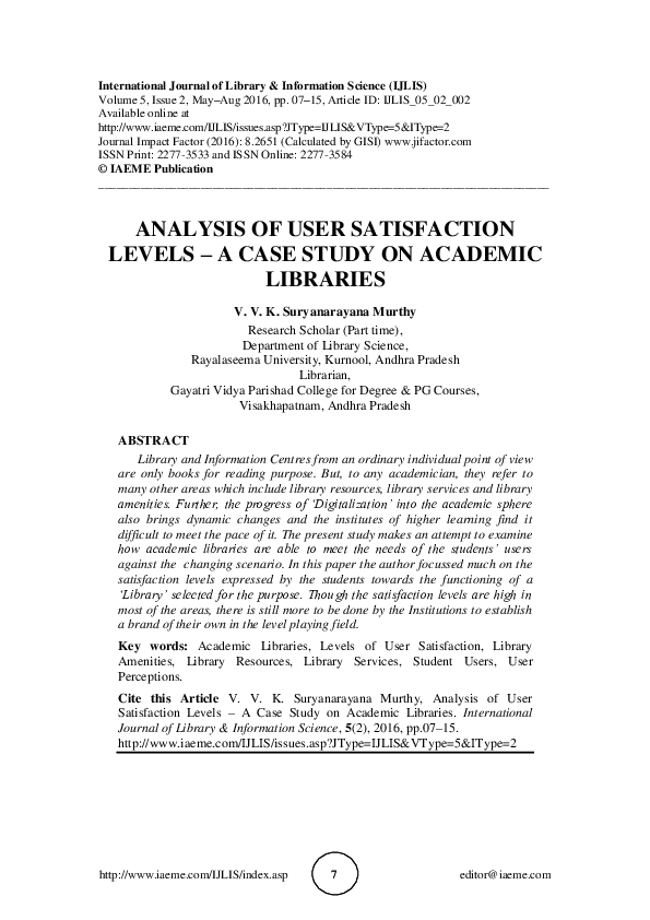 (PDF) ANALYSIS OF USER SATISFACTION LEVELS – A CASE STUDY ON ACADEMIC LIBRARIES