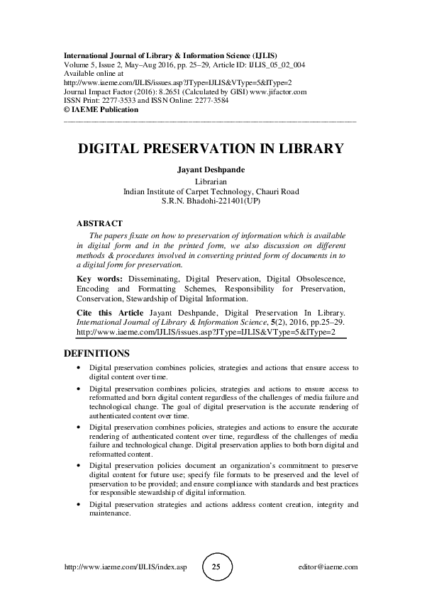 (PDF) DIGITAL PRESERVATION IN LIBRARY