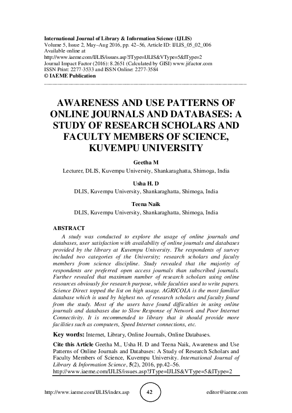 (PDF) AWARENESS AND USE PATTERNS OF ONLINE JOURNALS AND DATABASES: A ...