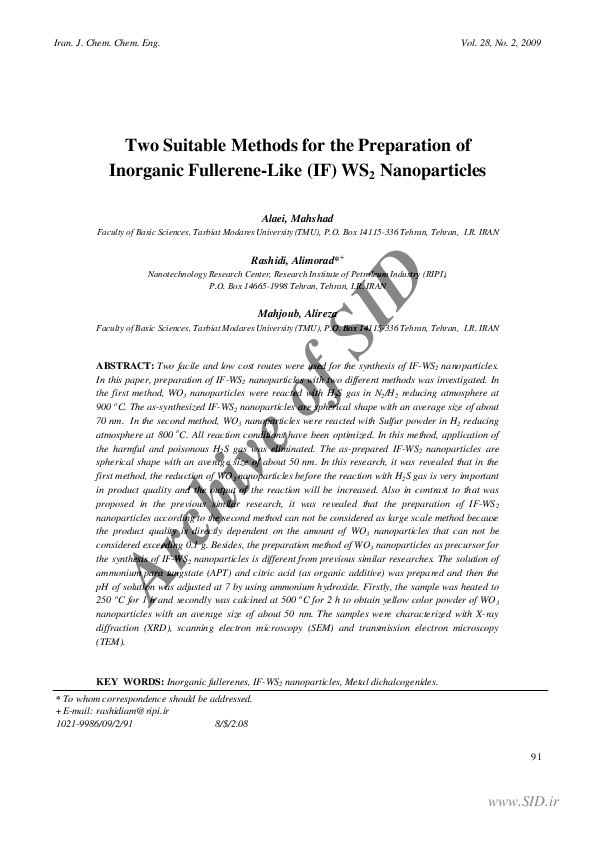(PDF) Two Suitable Methods for the Preparation of Inorganic Fullerene-Like (IF) WS 2 Nanoparticles