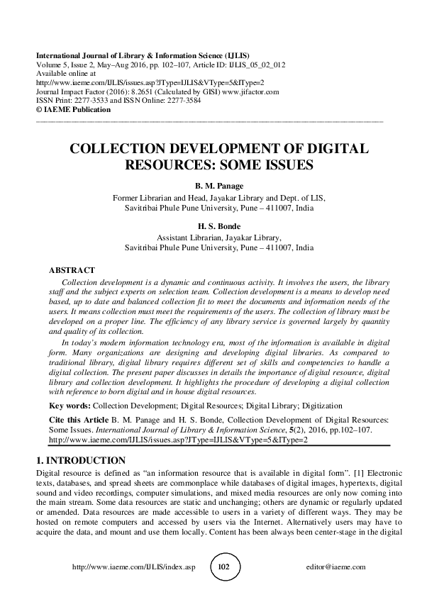 (PDF) COLLECTION DEVELOPMENT OF DIGITAL RESOURCES: SOME ISSUES | IAEME ...