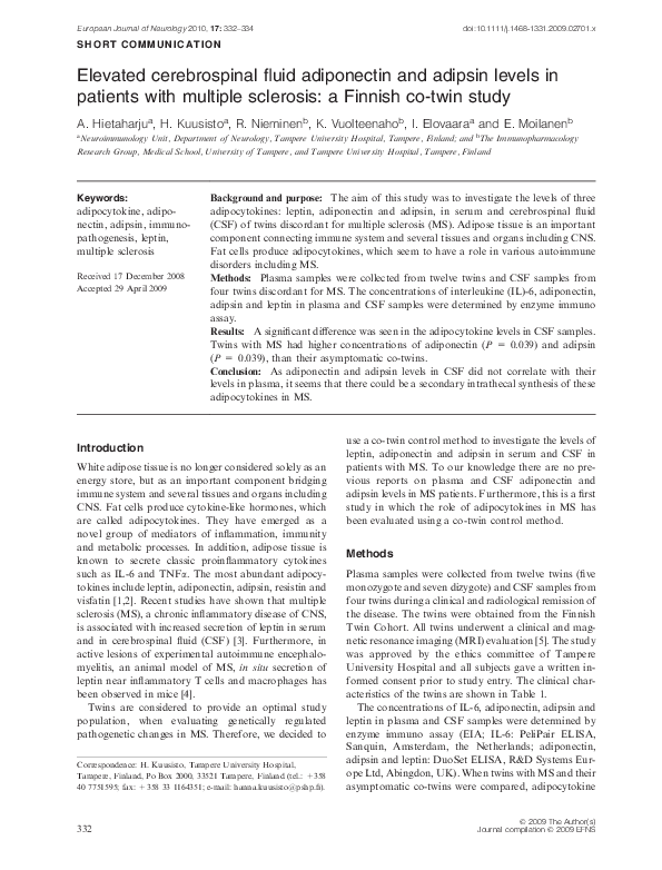 (PDF) Elevated cerebrospinal fluid adiponectin and adipsin levels in patients with multiple ...