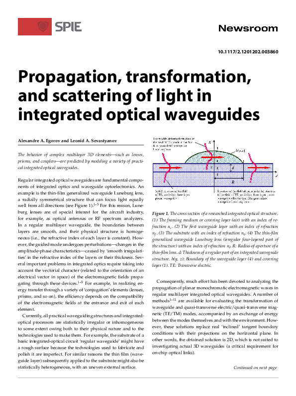(PDF) Propagation, transformation, and scattering of light in integrated optical waveguides