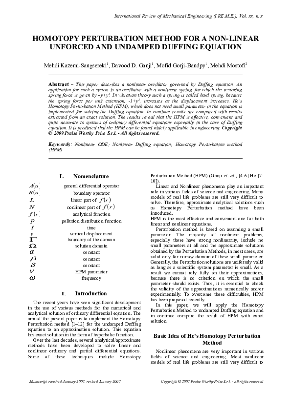Doc Homotopy Perturbation Method For A Non Linear Unforced And