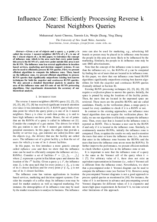 (PDF) Influence zone: Efficiently processing reverse k nearest neighbors queries